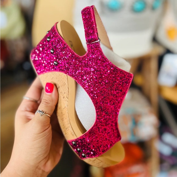 Corkys | Shoes | Corkys Carley Fushia Pink Glitter Sparkle Wedge Sizes ...